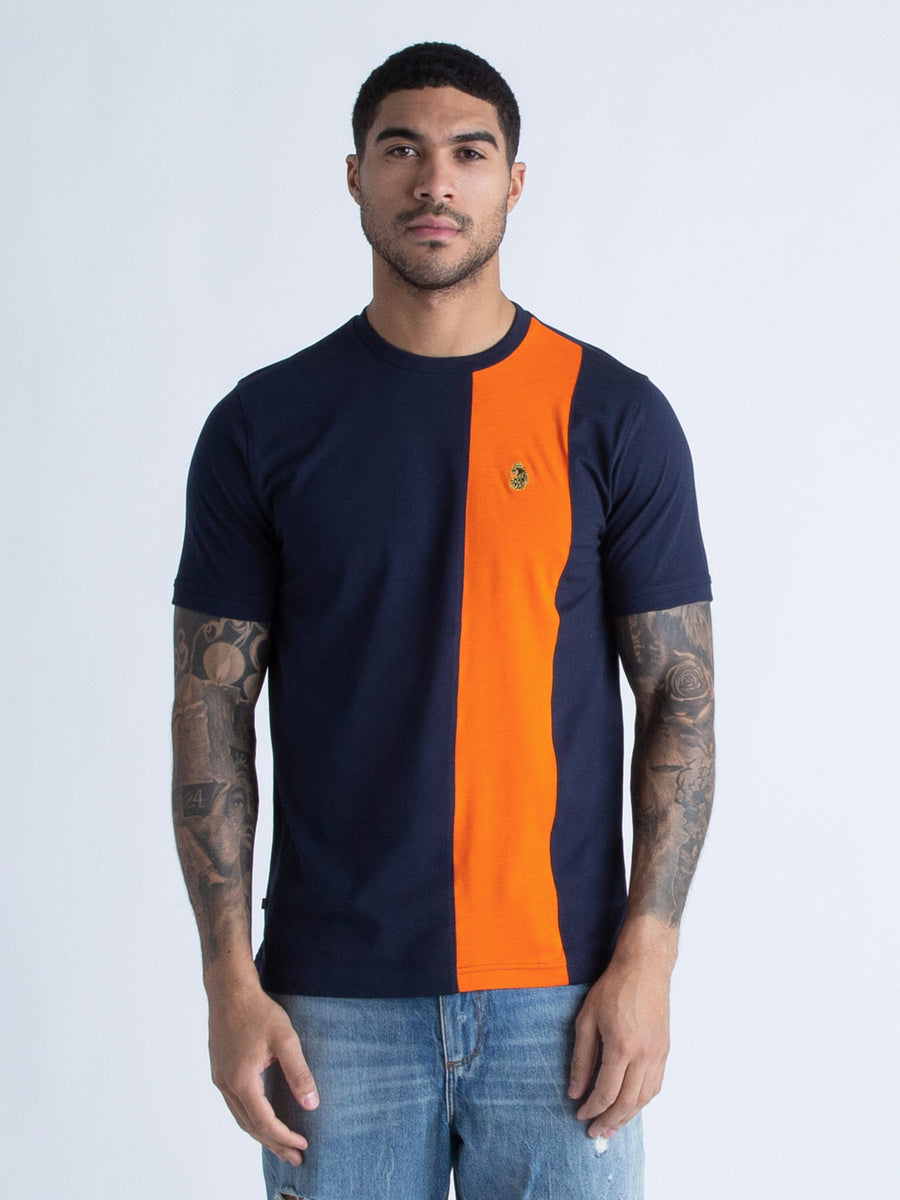 MILL TEE Men's Rib Crew Neck & Cuffs T-Shirt In Navy Blue & Orange ...