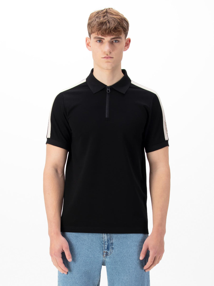 CALTECH Men's Cotton Zip Polo Shirt in Black with Trim Tape on Sleeves ...