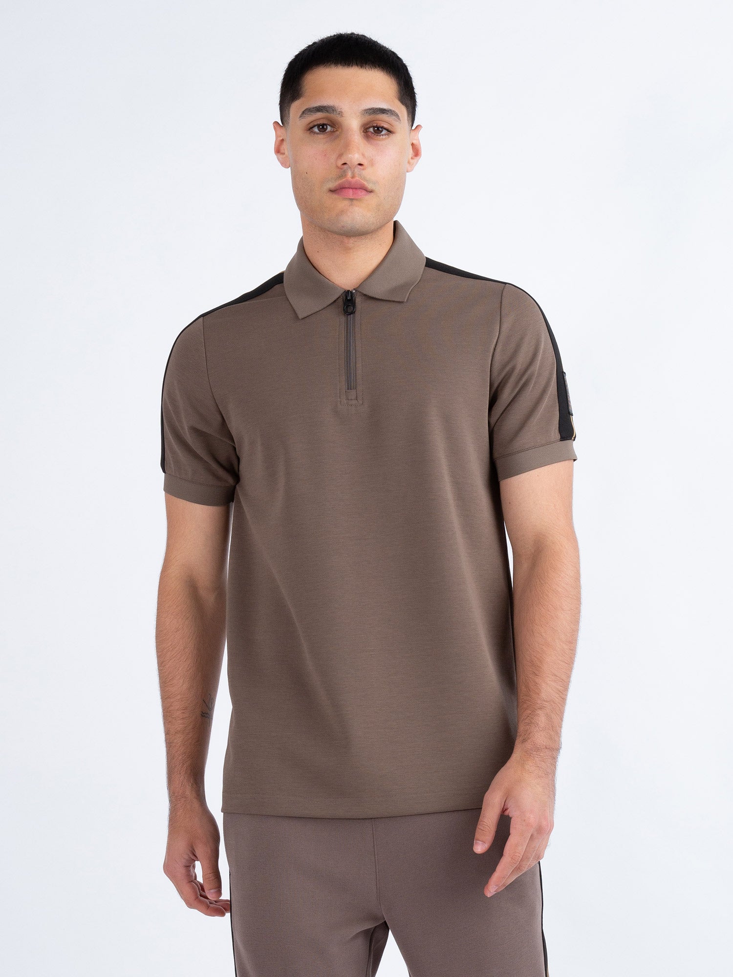 CALTECH Men's Cotton Zip Polo Shirt in Brown with Trim Tape on Sleeves ...