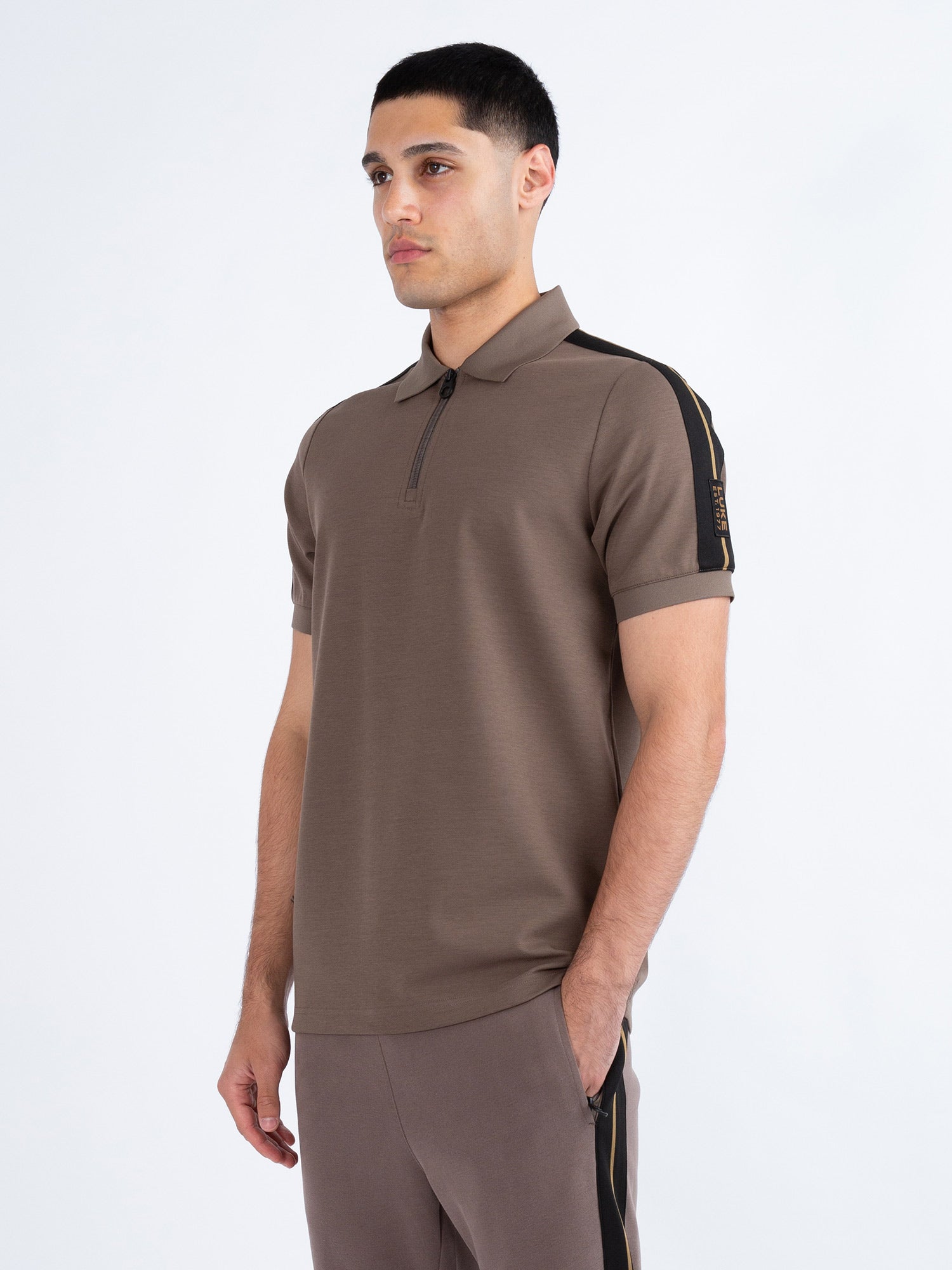 CALTECH Men's Cotton Zip Polo Shirt in Brown with Trim Tape on Sleeves ...