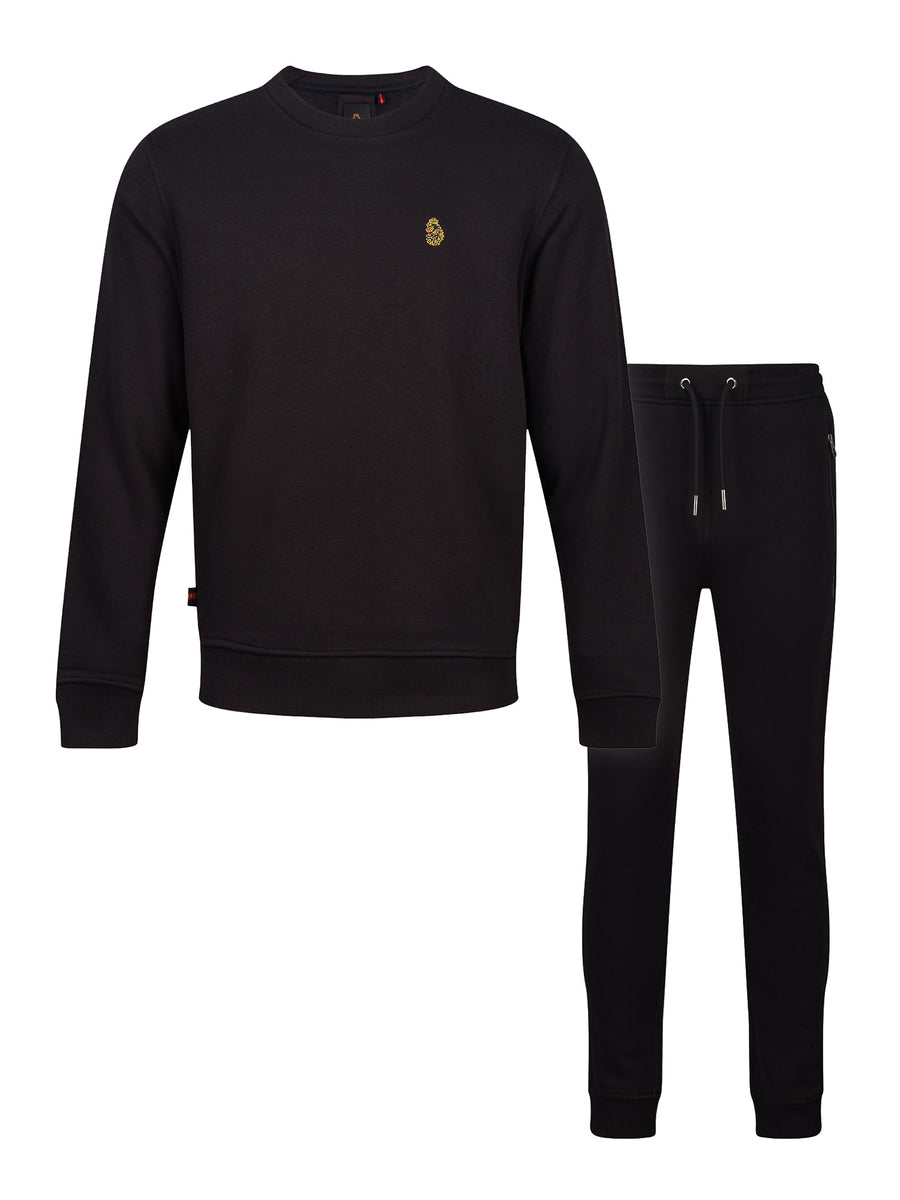Men's LUKE LONDON 1000 Black Tracksuit - Warm Cotton Fleece with Ribbed ...