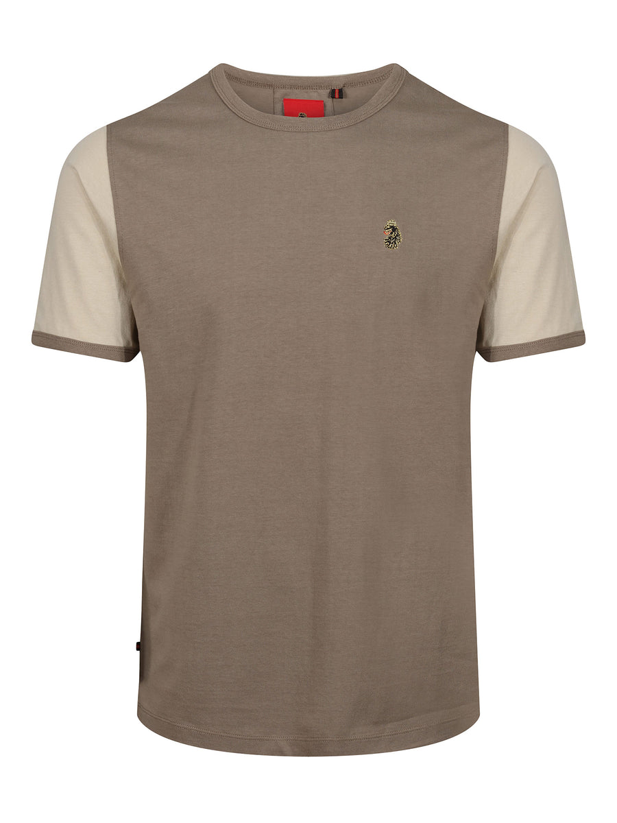 RINGER Men's Rib Crew Neck Contrast Sleeves T-Shirt In Hard Nut Brown ...